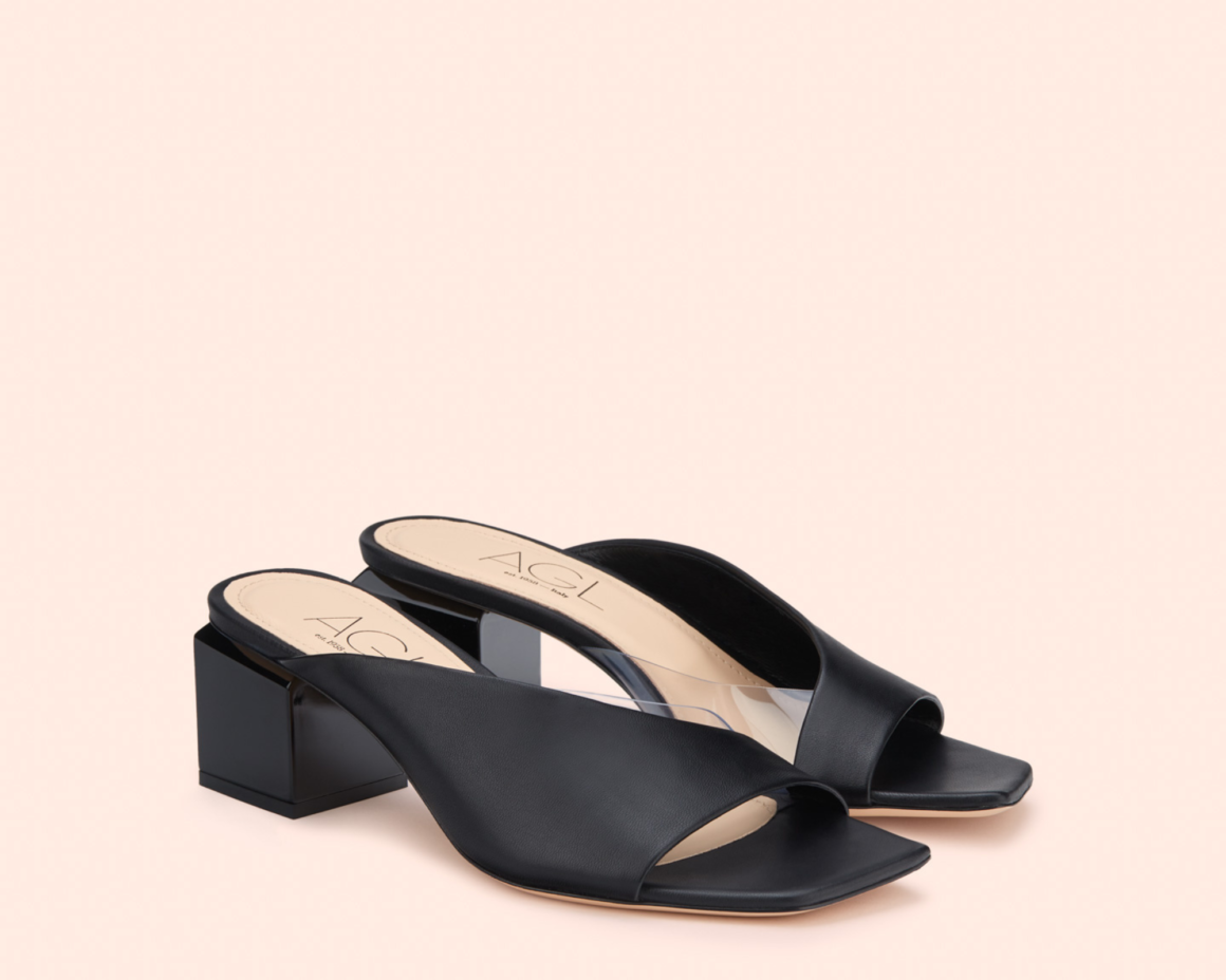 This Black Lacquered Cube Heel Sandal is ANGIE Limited Edition by AGL ...